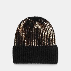 Zara | Accessories | Zara Black Gold Sequin Beanie Hat | Poshmark